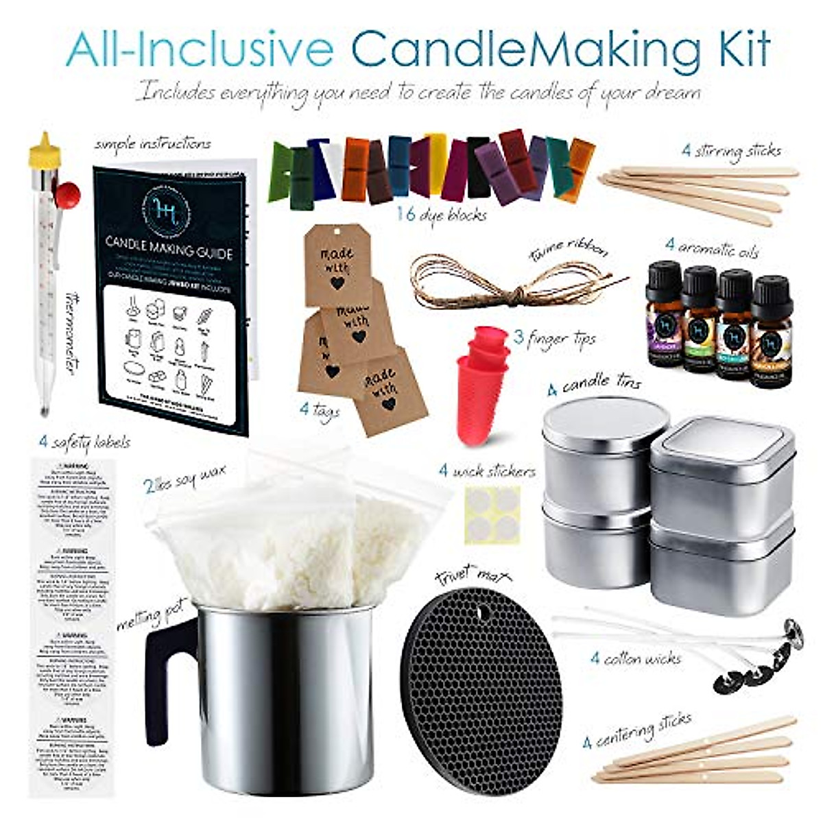 Hearth & Harbor Soy Candle Making Kit for Adults & Kids, DIY Candle Making Supplies for Beginners, Natural Soy Wax Complete Candle Making Kits - 2 Lbs