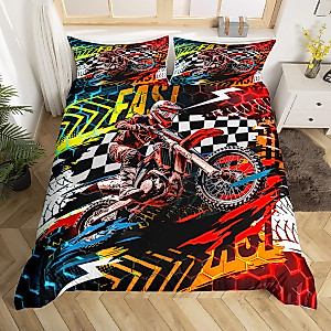 Motocross Rider Bedding Set Twin Size Kids Dirt Bike Comforter Cover Set for Boys Girls Teens Extreme Sports Motorbike Duvet Cover Cool Hexagonal Motorcycle Bedspread Cover Room Decor Quilt Cover