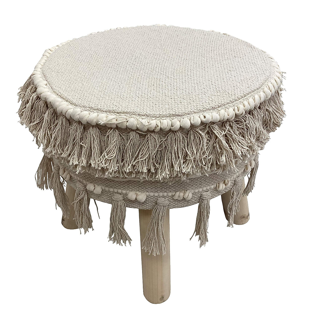LR Home Ivory Textured and Fringed Bohemian Stool