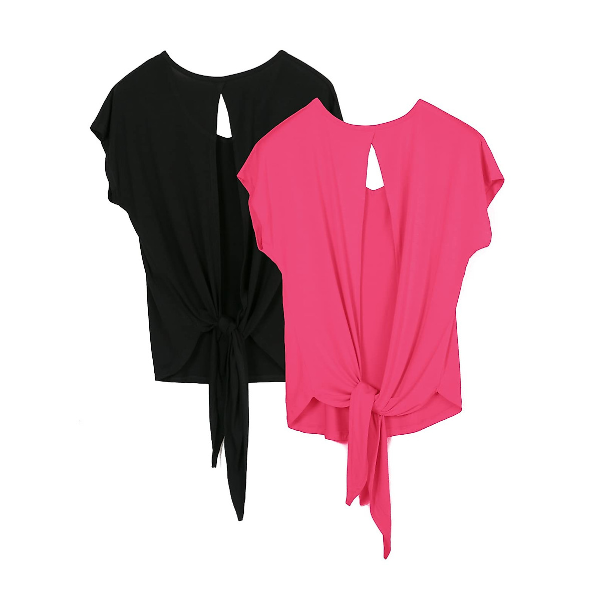 icyzone Open Back Workout Tops for Women - Athletic Activewear T-Shirts Exercise Yoga Shirts (Black/Pink Lychee, M)