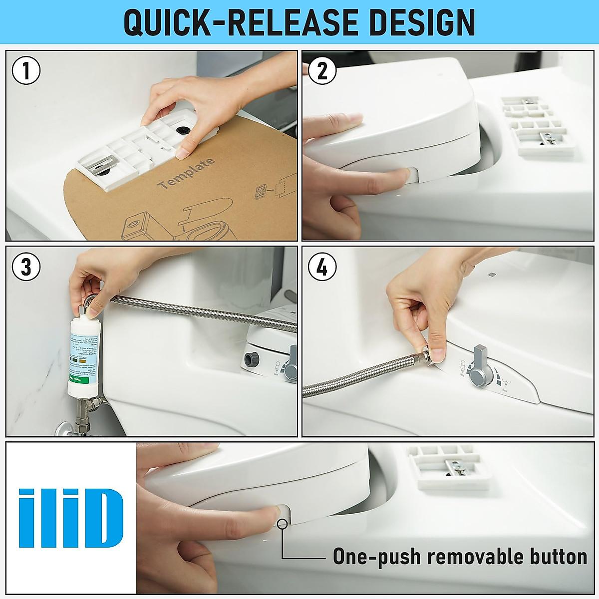 iliD Bidet Seats Bidet Toilet Seat, Elongated Toilet Seat, Non-Electric Self Cleaning Dual Nozzles, Quiet-Close, Easy Installation, Equipped With Water Filter, 1 Year Warranty