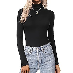 Ekouaer Women's Turtleneck Long Sleeve Shirts Fall Fashion Lightweight Base Layer Solid Slim Fit Thermal Underwear Tops Black XL
