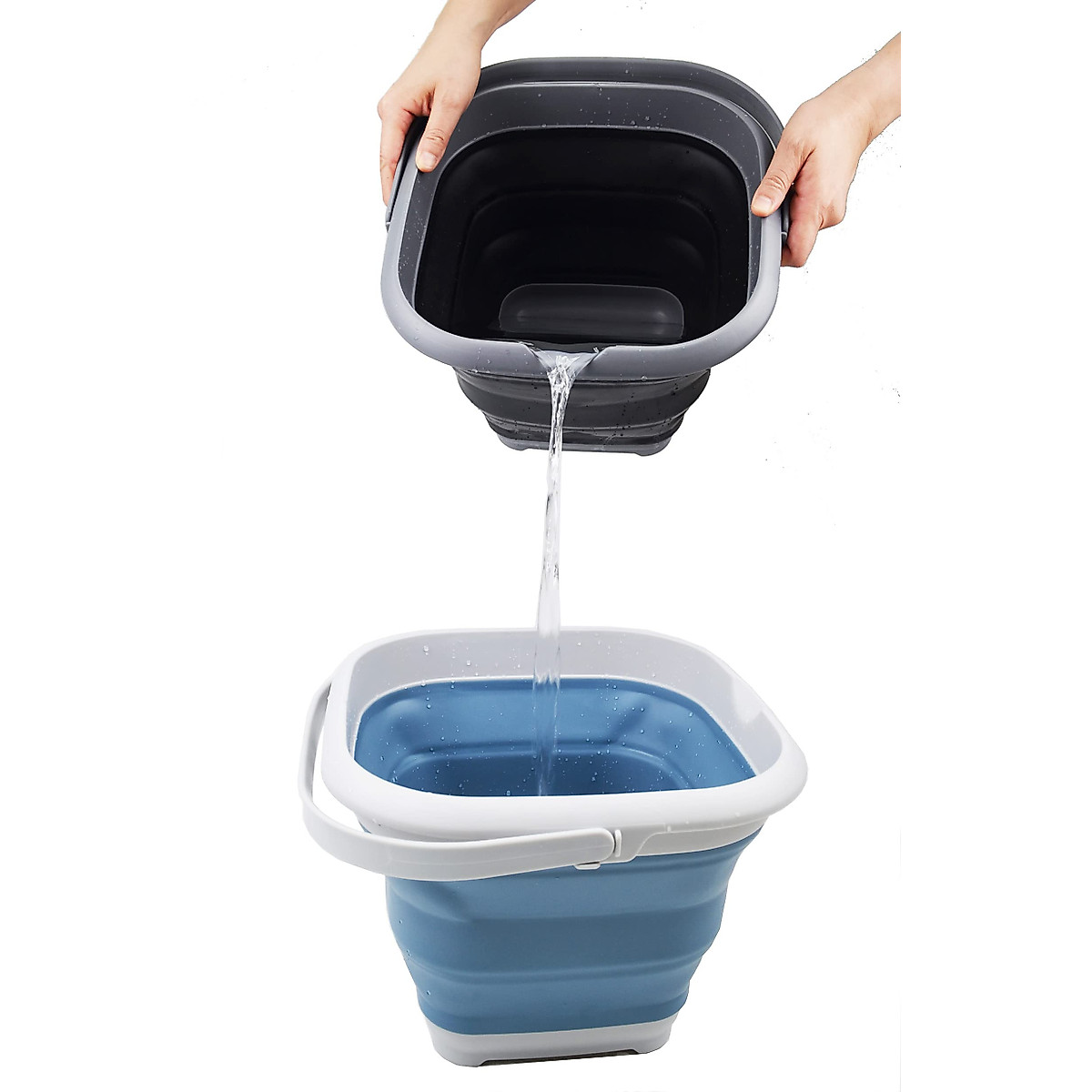 SAMMART 8.5L (2.2 Gallon) Collapsible Square Handy Bucket with Lid/Foldable SquareWater Pail with Lid/Portable Tub with Handle and Lid. Size 31x31cm (Grey/Steel Blue, 1)