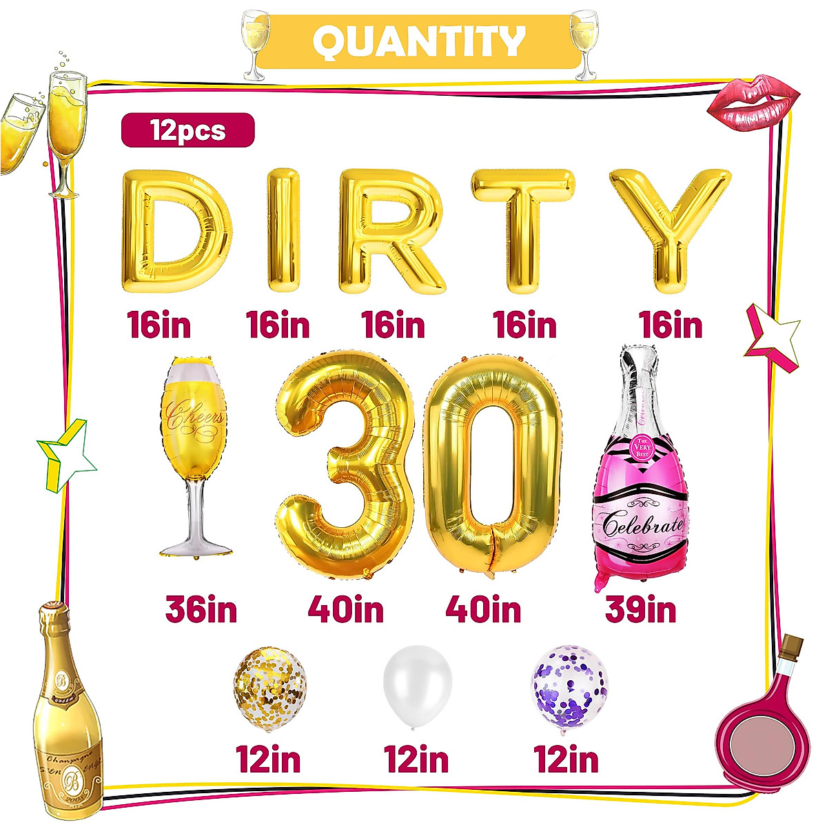 12PCS Dirty 30 Balloons, Gold Dirty Thirty Balloons/30th Birthday Decoration, Champagne Glass Balloon Decor for Men Women, Cheers to 30 Years Old Birthday Foil Balloons for Outdoor