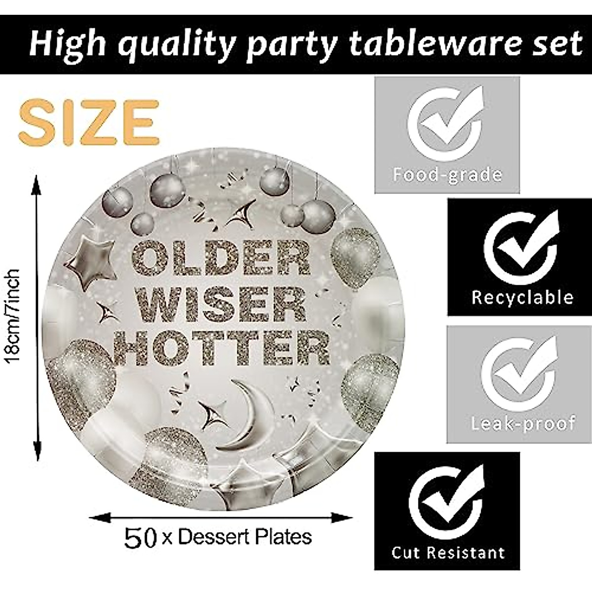 50 Pcs Older Wiser Hotter Party Supplies,Older Wiser Hotter Paper Plates 7" Silver Party Dessert Plates for 30th 40th 50th 60th 70th 80th Birthday Party Fun Party Disco Birthday Party Decorations