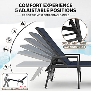 WOAJUQO Aluminum Chaise Lounge Chair Outdoor Set of 2-Patio Lounge Chair with Wheels and 5-Position Adjustable Backrest and Outdoor Recliner Full Flat Tanning Chair for Beach,Patio,Lawn,Pool,Navy Blue