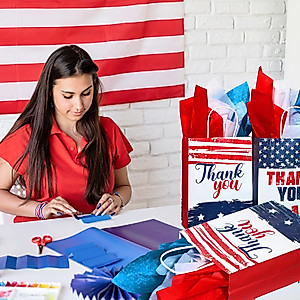 Pajean 16 Pieces Patriotic Thank You Gift Bags with 18 Red White Blue Tissue Paper American Flag Party Favor USA Treat Goodie Handle for Veterans Day Memorial Independence