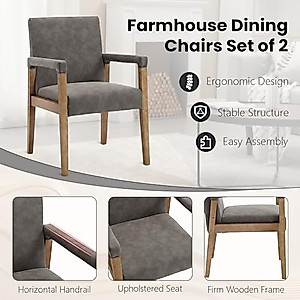 Kmax Modern Dining Chairs Faux Leather Kitchen Arm Chairs Upholstered Accent Chairs Set of 2 with Wooden Legs for Dining Room, Living Room, Bedroom, Grey