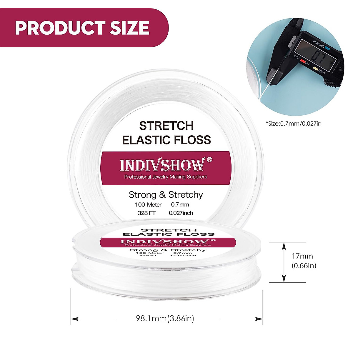 INDIVSHOW 0.7mm Elastic String Cord for Bracelets, Transparent Elastic Cord for Bracelet Making Clay Beads String Crystal Decorative DIY Necklace 328foot White