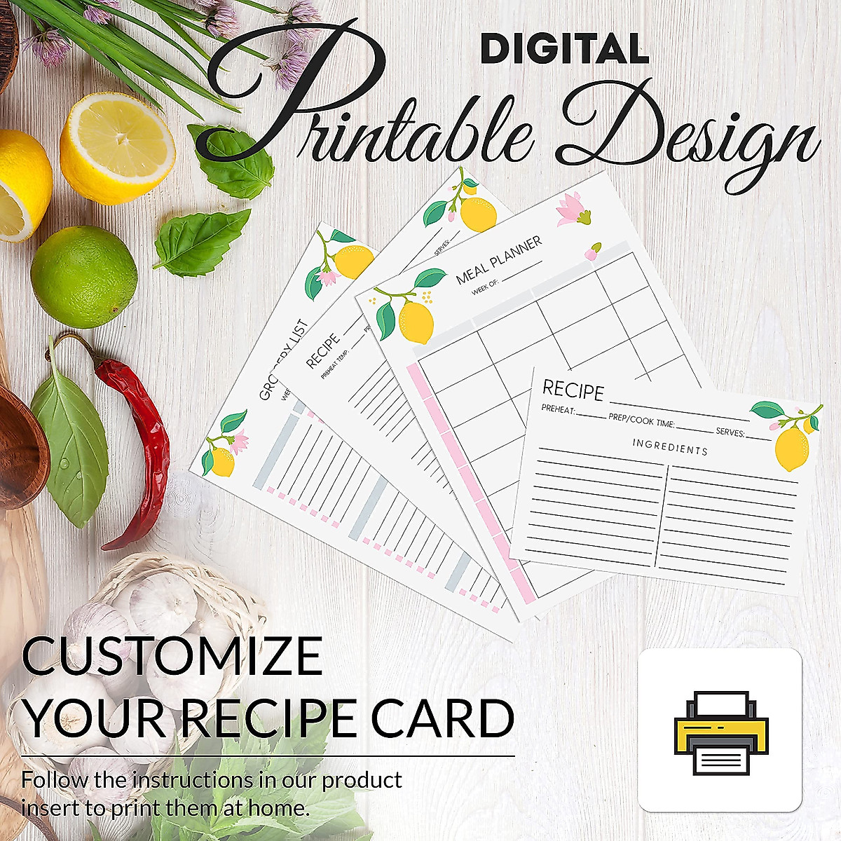 SAVEYON Lemon Recipe Box with Cards and Dividers - 60 Lemon Decor Recipe Card Gift Box with 15 Recipe Card Dividers and Wooden Recipe Card Holder | Lemon Recipe Card Box, Lemon Recipe Tin