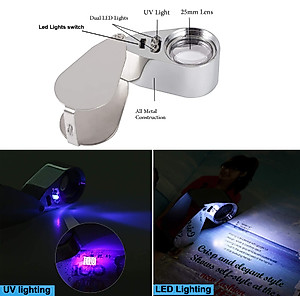 40X Metal Illuminated Jewelers Loop Magnifier Glass, Loupe Magnifier with Light and Pocket Folding, Handheld Jewelers Eye Loop for Jewelry Identifying, Currency Detecting, Rock Collecting, Stamps