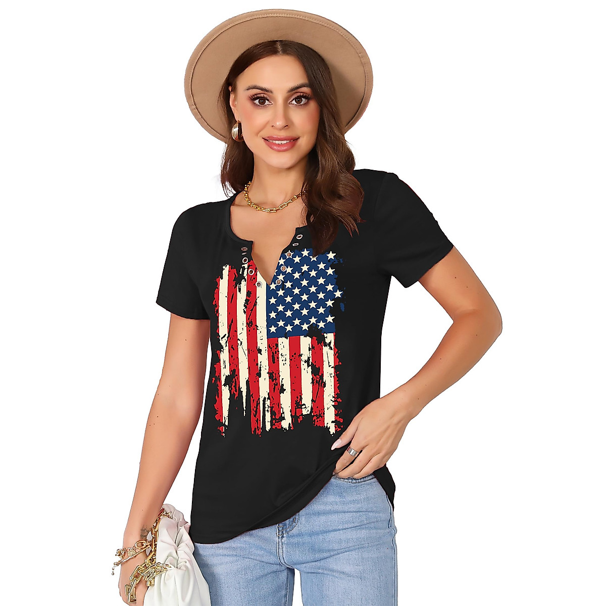 YI XIANG RAN American Flag Shirt Tops Womens 4th of July T-Shirts Ring Hole Short Sleeve Sexy V-Neck Patriotic Tees (Black1, Large)
