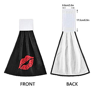 YYZZH Red Lip On Black Kitchen Hand Towels with Hook & Loop Set of 2 Absorbent Bath Hand Towel Hanging Tie Towel