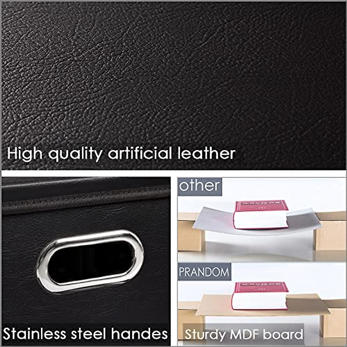 PRANDOM Leather Foldable Cube Storage Bins 11x11 inch [4-Pack] Fabric Storage Baskets Cubes Drawer with Cotton Handles Organizer for Shelves Toy Nursery Closet Bedroom Clothes Black