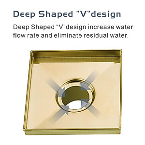 Gold Brushed Shower Drain with Flange, HIDROP SUS 304 Stainless Steel 6 inch Square Shower Floor Drain with Removable Hair Strainer