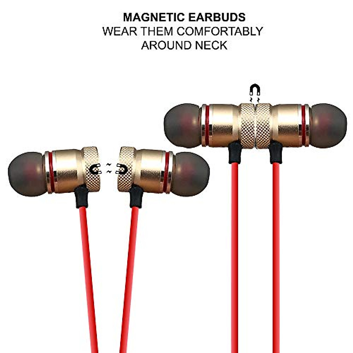 Acuvar Wireless Magnetic Rechargeable Ear Buds, in line mic, Volume, Play/Pause Controls (Gold/Red)