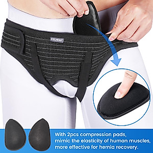VELPEAU Hernia Belt for Men & Women - Bilateral/Double Inguinal, Groin Hernia Support Truss Underwear Briefs, Pain Relief Recovery Adjustable Strap with 2 Removable Medical Compression Pads (Black, L)