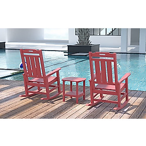 kevinplus Outdoor Rocking Chair Set of 2 with Side Table for Porch, Outdoor Rocker Chair Set for Backyard Lawn Patio, Outdoor HDPE Adirondack Rocking Chair All Weather Resistant (3-Pcs Red)