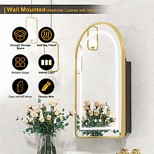 Mepplzian Lighted Arched Medicine Cabinet,Gold Medicine Cabinet Mirror,Recessed Medicine Cabinet with Mirror,Led Medicine Cabinet Mirror for Bathroom,Medicine Cabinet with Lights,Wall Mounted,20x31''