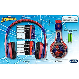 eKids Spiderman Wireless Bluetooth Portable Headphones with Microphone, Volume Reduced to Protect Hearing Rechargeable Battery, Adjustable Kids Headband for School Home or Travel