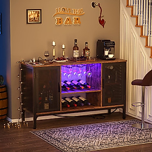 Homieasy Wine Bar Cabinet with Led Lights and Power Outlets, Industrial Coffee Bar Cabinet for Liquor and Glasses, Farmhouse Bar Cabinet with Removable Wine Racks, Rustic Brown