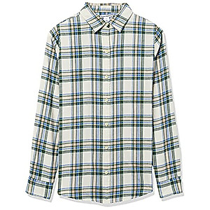 Amazon Essentials Women's Classic-Fit Long-Sleeve Lightweight Plaid Flannel Shirt, Ivory Green Alpine Plaid, Medium