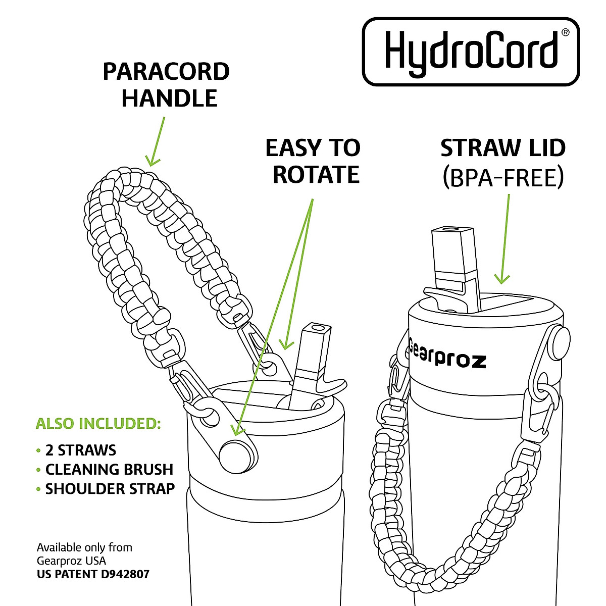 Gearproz Handle Compatible with Hydro Flask, Takeya, Thermoflask Bottle, Wide Mouth Straw Lid, Paracord Strap (Black)