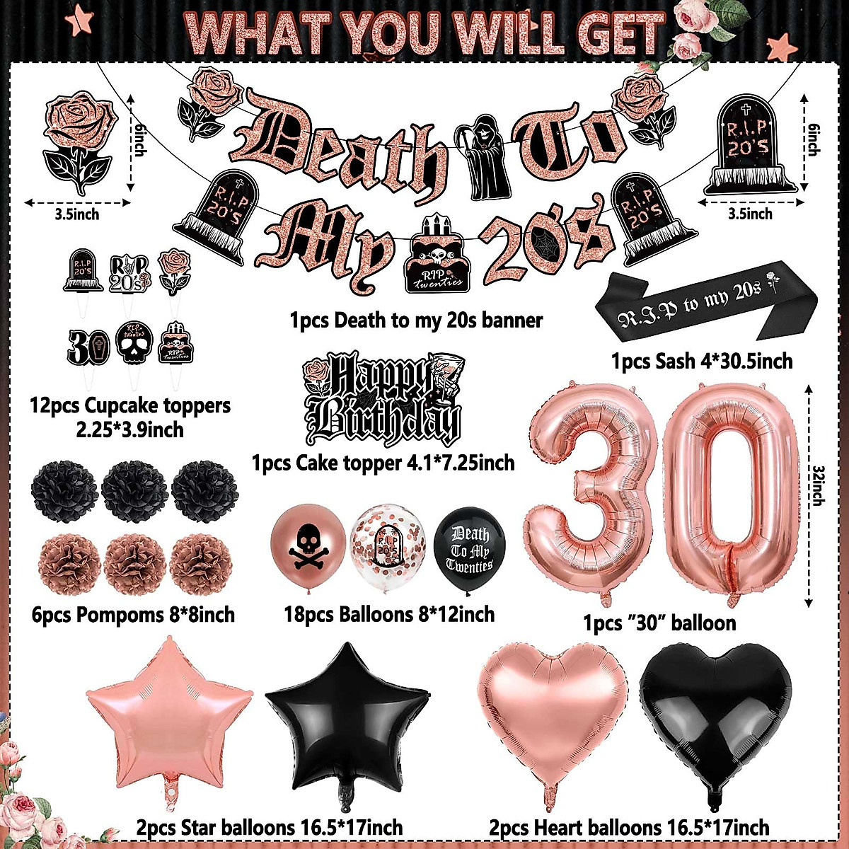 Death to My 20s Decorations, 30th Birthday Decorations for Her Black and Rose Gold, Rip to My 20s Birthday Decorations Funeral for My Youth 30th Birthday 30 Balloon Numbers Dirty Thirty Party Supplies