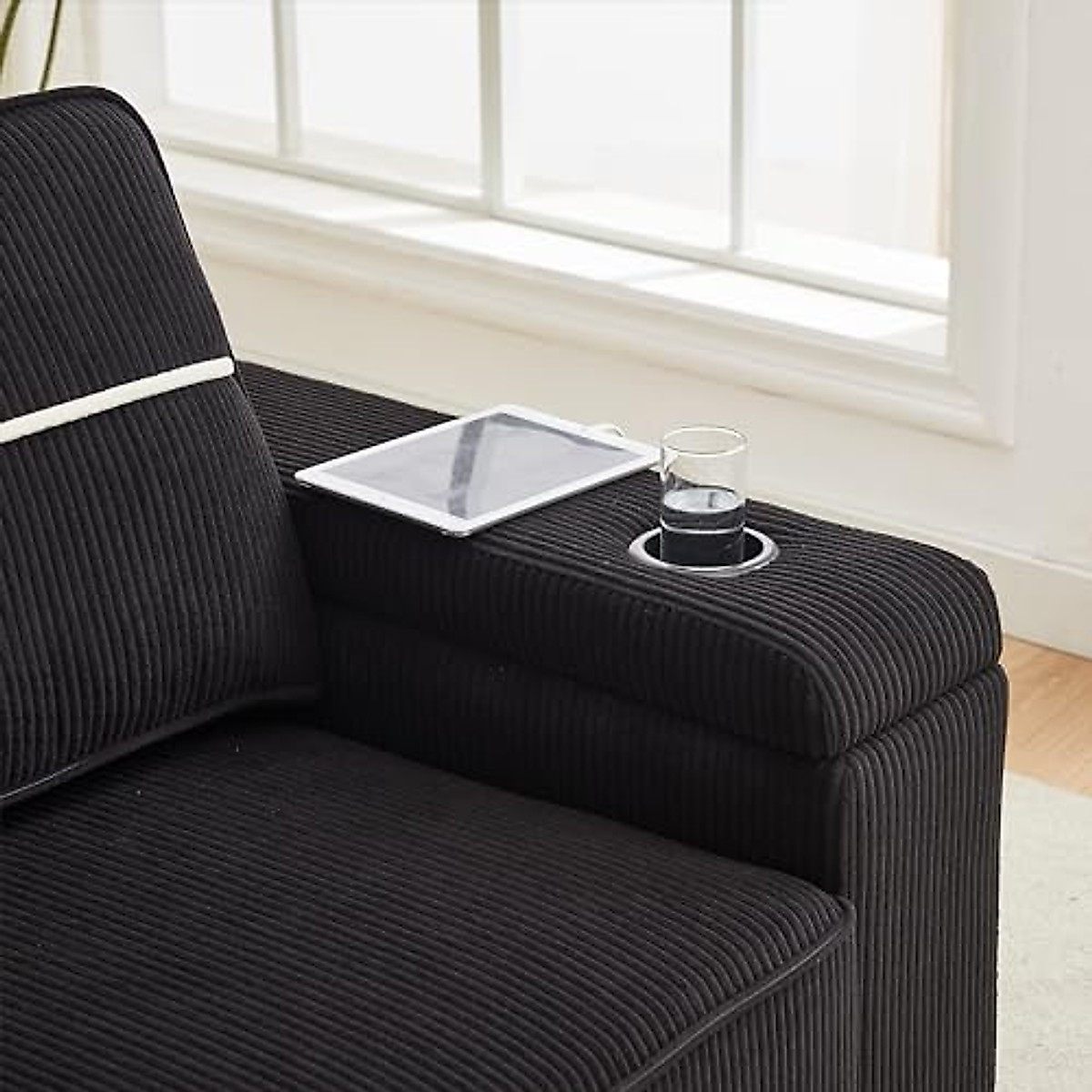 ERYE Modern Living Room Upholstered 3 Seater Sofa Couch Deep Seat Soft Corduroy Sofa&Couch with Storage Armrests, 2 Cupholders, Type-C and USB Charging Ports for Home, Apartment, Office