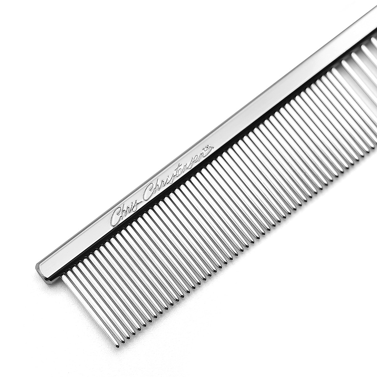 Chris Christensen 5in Face and Feet Fine/Coarse Butter Comb, Groom Like a Professional, Rounded Corners Prevent Friction and Breakage, Solid Brass Spin with Steel Teeth, Chrome Finish