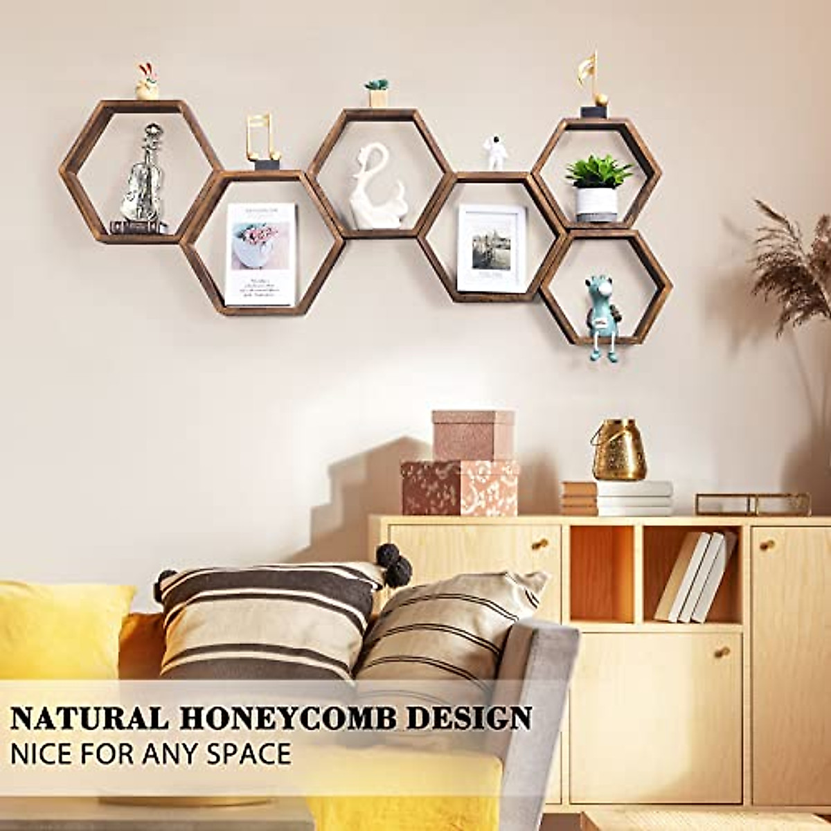 NORCEESAN Hexagon Floating Shelves Set of 6 Honeycomb Shelves for Wall Wood Farmhouse Storage Home Decor Shelf Wall Mounted Wooden Hexagonal Shelves for Bedroom Living Room Nursery, Rustic Brown