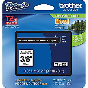 Brother Genuine P-touch TZE-325 Tape, 3/8" (0.35") Wide Standard Laminated Tape, White on Black, Laminated for Indoor or Outdoor Use, Water-Resistant, 0.35" x 26.2' (9mm x 8M), Single-Pack, TZE325
