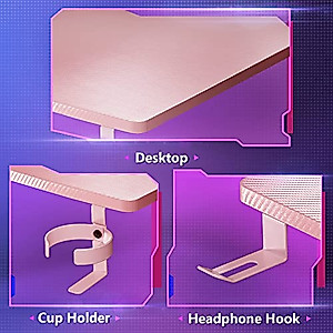 MOTPK Pink Gaming Desk 47" with Monitor Shelf Computer Desk Gaming Table Desk for Girls with Cup Holder and Headphone Hook Gamer Workstation Game Table, Gift for Girls Women