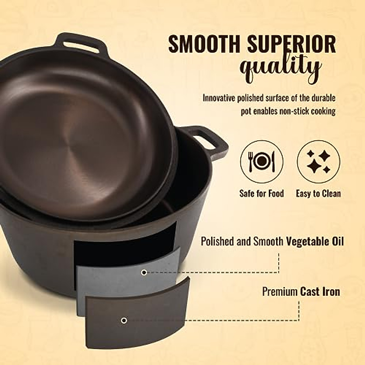 Smooth and Polished Cast Iron Dutch Oven by StarBlue – 5 qt Cast Iron with 10 Inches Diameter, 2 in 1 Multipurpose Skillet and Pot for Non-Stick Cooking