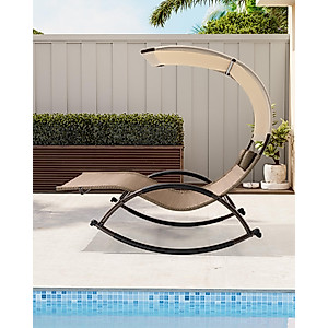 Crestlive Products Outdoor Double Chaise Lounge Chair with Canopy & Wheels, 2 Person Patio Rocking Lounge Chair with Sun Shade & Headrests for Garden, Backyard, Poolside (Brown)