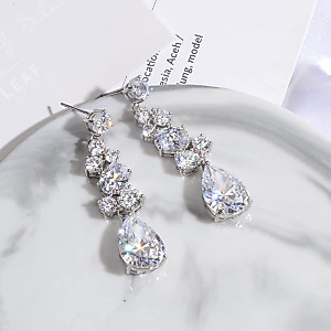 Bridal Earrings for Wedding Silver - 14k Plated Sterling Silver Teardrop CZ Cubic Zirconia Crystal Rhinestone Floarl Leaf Cluster Long Fashion Statement Costume Earrings for Wedding Party Prom