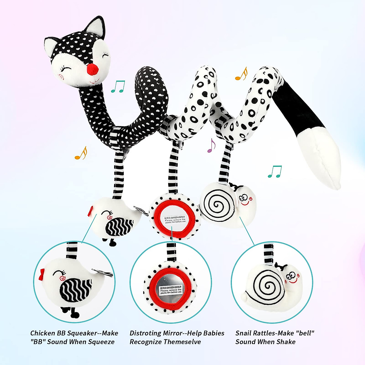 KKUYT Car Seat Toy for Baby, Infant Baby Spiral Plush Toys Stroller Toys Hanging Crib Activity Toy for Crib Bed Stroller Car Seat, Hanging Rattle Toy for 0-12 Months Newborn Baby-Black & White Fox