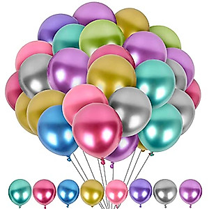 FYY Party Balloon, 50 PCS 10in Metallic Latex Balloons, Assorted Color Decoration Balloons Kit for Birthday, Wedding, Christmas Party, Including Mixed Color - Gold, Red, Blue, Purple, Silver and Green