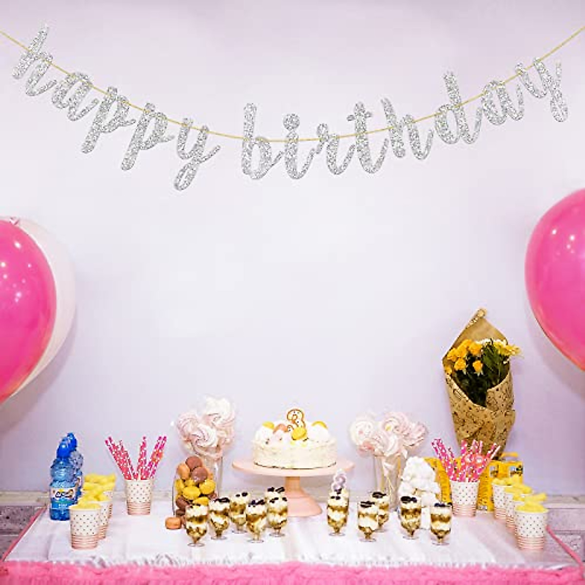 Glitter Silver Happy Birthday Banner for 1st 13th 10th 18th 21st 30th 40th Birthday Banner Sign - Happy Anniversary Party Bunting Decoration