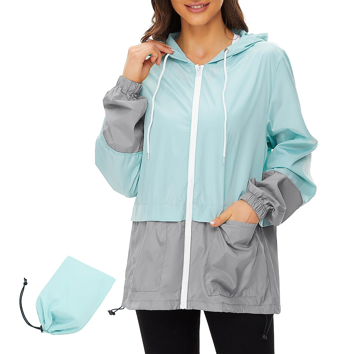 Plus Women's Color Block Drawstring Jackets with Hood Lightweight Active Outdoor Rain Coat Light Blue/ Grey X-Large