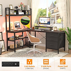 Aheaplus L Shaped Desk with Hutch, Gaming Desk with Led Lights, Reversible Computer Desk with Power Outlet, Corner Desk with File Drawer & Monitor Stand, Storage Shelves for Home Office, Black