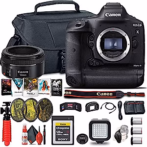 Canon EOS-1D X Mark III DSLR Camera (Body Only) (3829C002) + Canon EF 50mm Lens + 128GB CFexpress Card + 2 x LP-E19 Battery + Case + Filter Kit + Corel Photo Software + LED Light + More (Renewed)