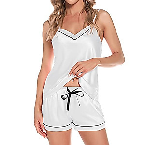 SWOMOG Satin Pajama Set Women Silk Pjs Set Short Sleeve 4 Piece Button Down Sleepwear Lounge Sets White