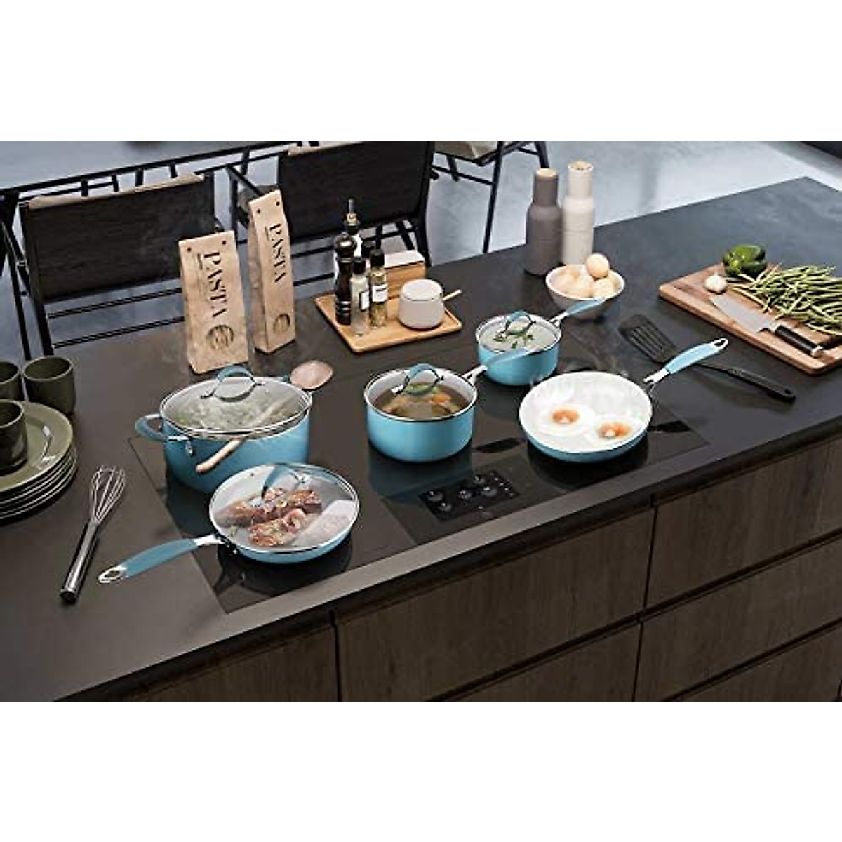 Induction Pots and Pans Set, Cookware Set with Silicone Grip, Non-Stick Ceramic Coating, Frying Pan, Skillet, Stock Pot, Sauce Pan, Stainless Steel Steamer (10 Piece Turquoise/Creamy)