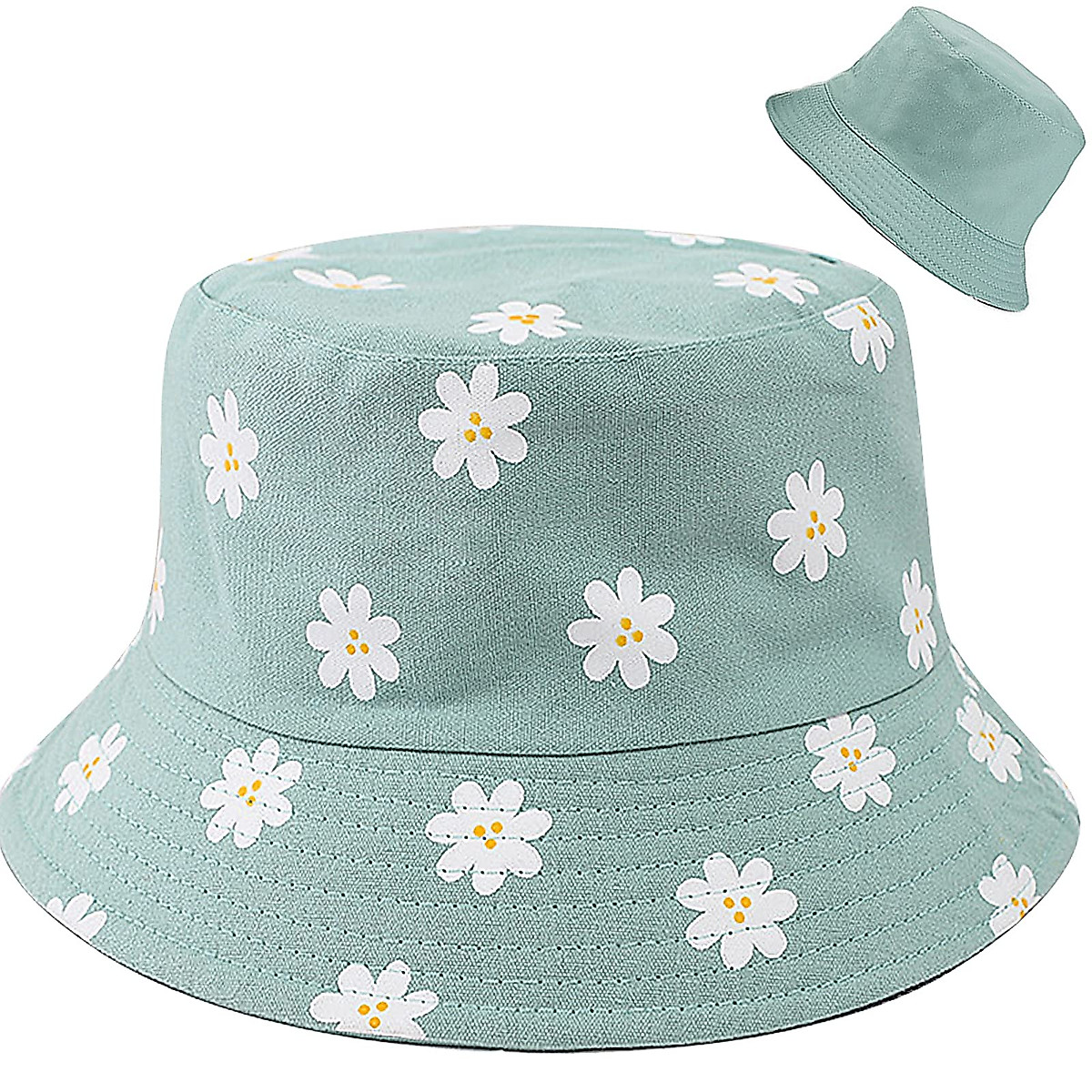 XYIYI Flower Green Bucket Hat Fashion Beach Fisherman Hats for Women, Reversible Double-Side-Wear