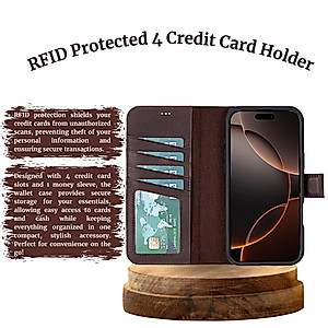 VENOULT Detachable Leather Wallet Case for iPhone 15 Pro, Man or Women Folio Cover, Compatible with Magsafe, RFID, Genuine Leather Card Holder Flip Case, Kick Stand (Chocolate Brown)