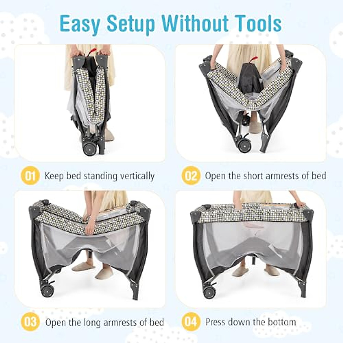 BABY JOY 4 in 1 Pack and Play, Portable Baby Playard with Bassinet, Adjustable Canopy, Changing Table, Lockable Wheels, Glowing Music Box, Travel Baby Crib Bassinet Bed from Newborn to Toddler Grey