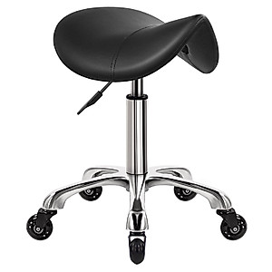 WKWKER Heavy Duty Saddle Rolling Stool with Wheels Hydraulic Swivel Adjustable Rolling Stool Ergonomic Thick Leather Seat Stool Chair for Kitchen Drafting Lab Office Salon Message Stool – Black
