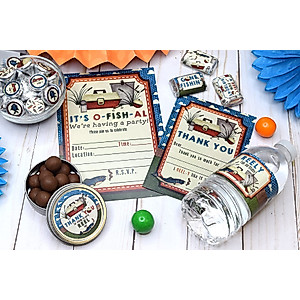 Amanda Creation Deluxe Gone Fishing REELY Fun Birthday Party Bundle Includes 20 Invitations & Thank You Cards with Envelopes + 3 Different Sizes of Stickers & Water Bottle Labels!