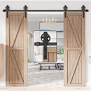 WINSOON 8FT Wood Double Sliding Barn Door Hardware Basic Black Big Spoke Wheel Roller Kit with 2PCS 12 Inch Sliding Barn Door Handles Black Hardware with Pull and Flush Barn Door Handle Set